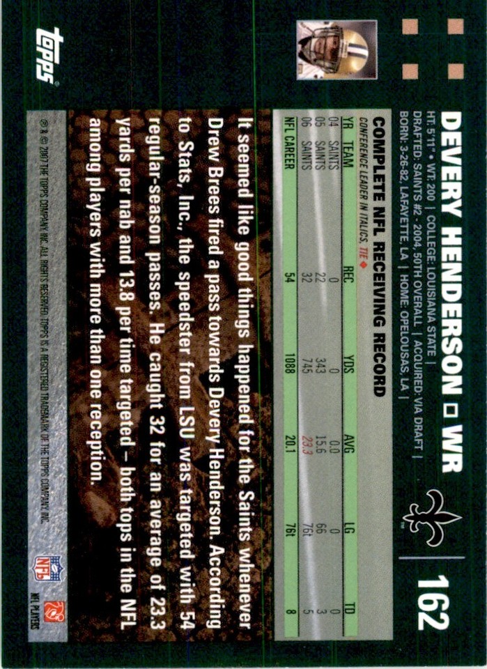 2007 TOPPS DEVERY HENDERSON NEW ORLEANS SAINTS #162 | eBay