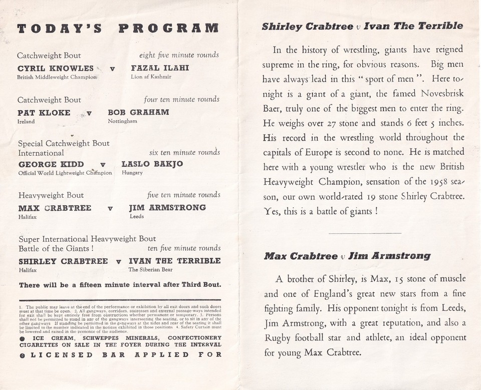 WRESTLING Programme + Poster Slough 28th Dec 1959 Shirley Crabtree (Big ...