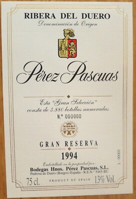 etiquettes vins ESPAGNE Prez Pascuas Gran Resev 94 H Perez Pascua SL ...