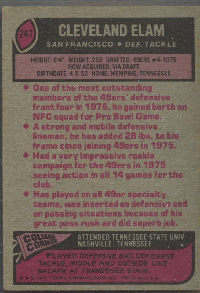 1977 Topps #247 Cleveland Elam San Francisco 49ers | eBay