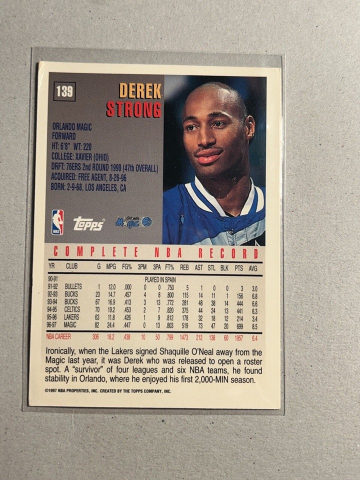 1997 NBA Properties- Topps Basketball #139 Derek Strong Orlando Magic ...