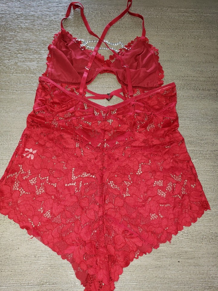 womens SEXY SHEER RED LACE TEDDY RHINESTONE HEARTS NEW SMALL SILVER ...