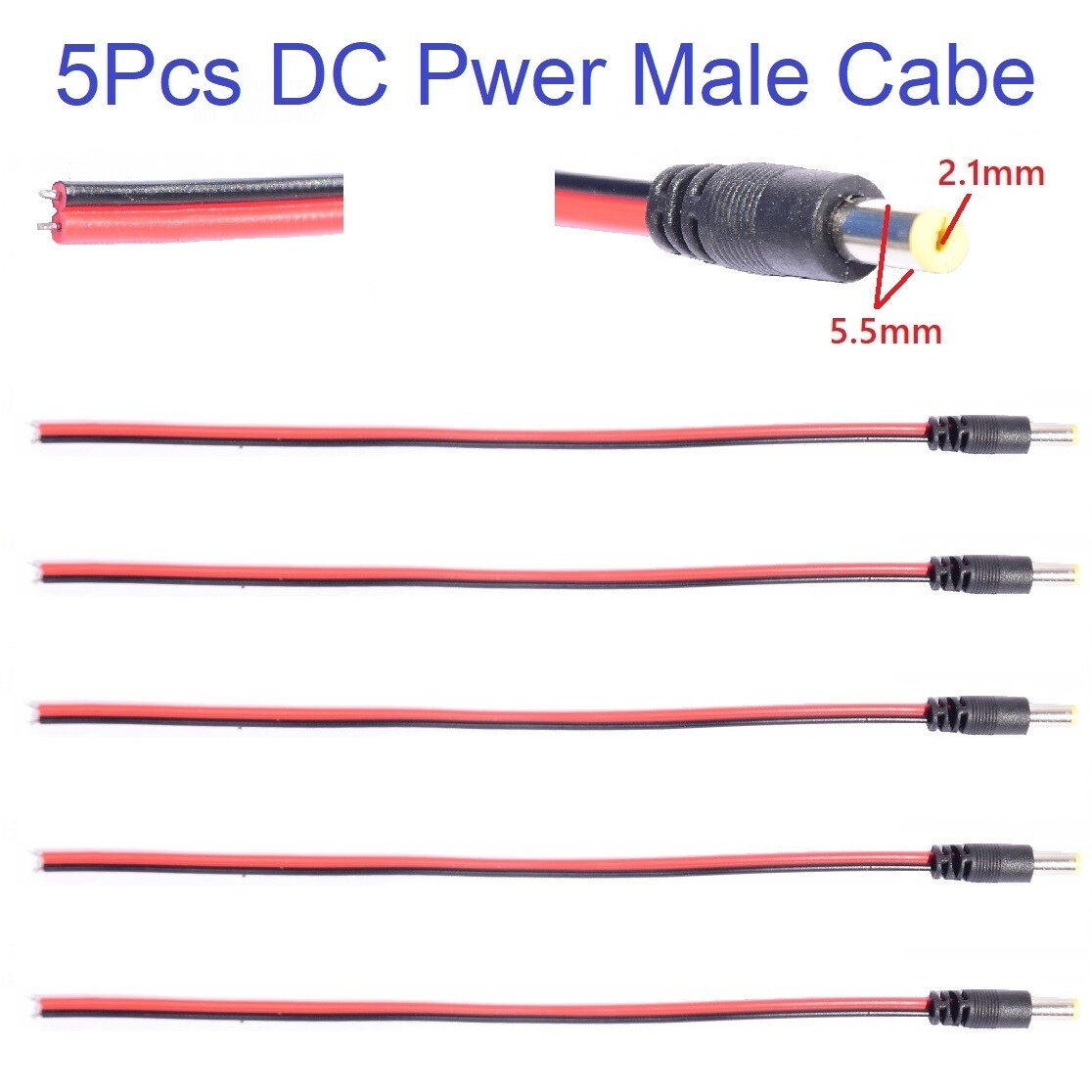 Pack 5pcs - 2.1x5.5 mm Male Plug 12V DC Power Pigtail Security Camera ...