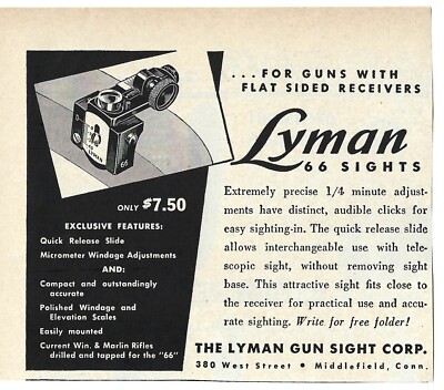 1953 Lyman Gun Sight 66 Sights Guns with Flat Sided Receivers Vintage ...