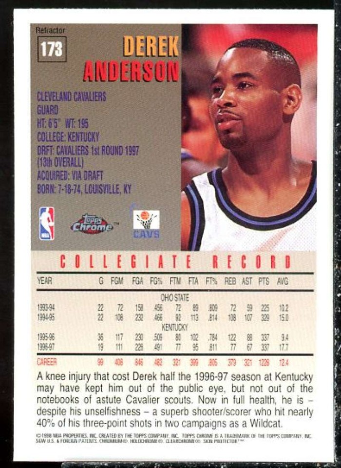 Derek Anderson Rookie Card Card 1997-98 Topps Chrome Refractors #173 | eBay
