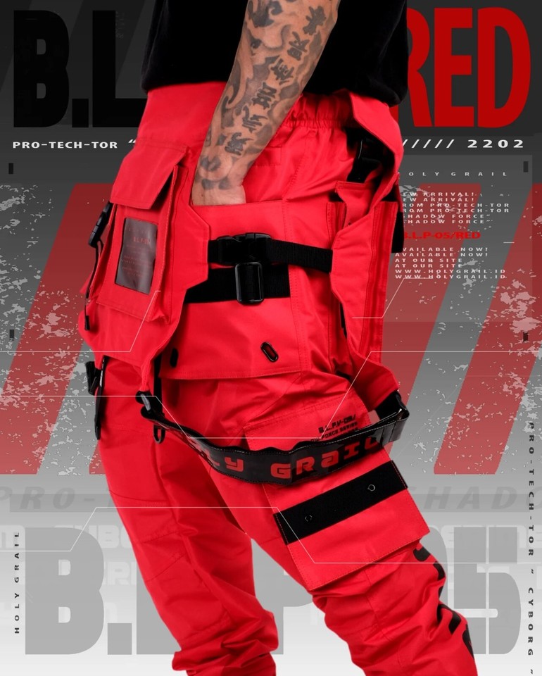 Men's Red Streetwear Techwear Heavy Cargo Trouser Pants Holygrail B.L.P ...