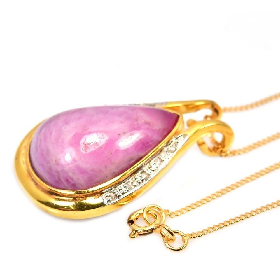 925 STERLING SILVER PENDANT WITH NECKLACE PINK RED RUBY PEAR CABOCHON ...