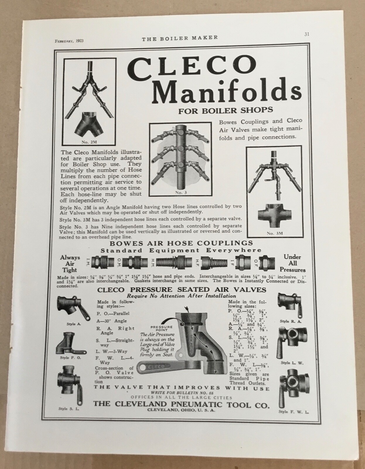 Cleco Manifold 1923 orig vintage print ad 1920s illus factory Cleveland ...