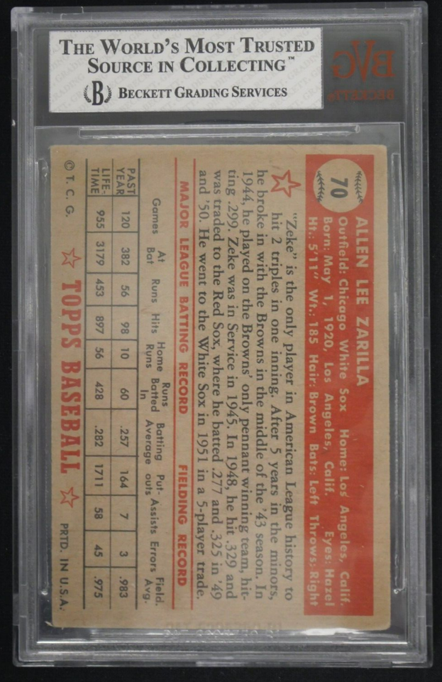 AL ZARILLA 1952 TOPPS #70 - BVG 4 VG-EX - CHICAGO WHITE SOX - *DAMAGE ...