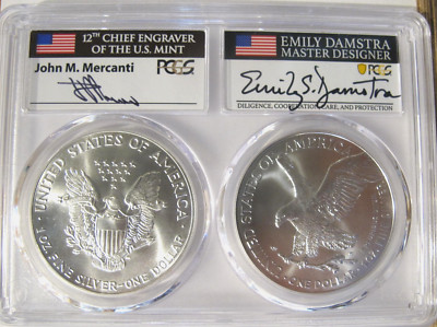 1986 & 2021 SILVER EAGLE PCGS MS70 70 JOHN MERCANTI & EMILY DAMSTRA ...