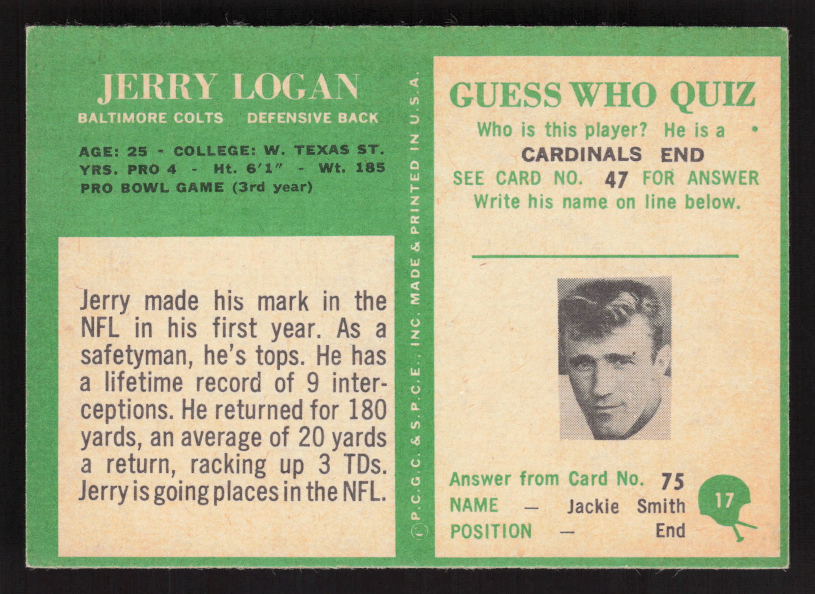 Jerry Logan 1966 Philadelphia #17 Baltimore Colts VG-EX ST b {1207 | eBay