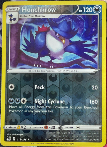 Honchkrow Reverse Holo Rare - 115/196 - Lost Origin Pokemon 2022 | eBay