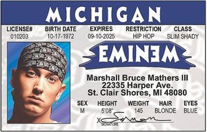 Eminem Marshall Mathers RAPPER of 8 Mile Identification ID card Drivers ...