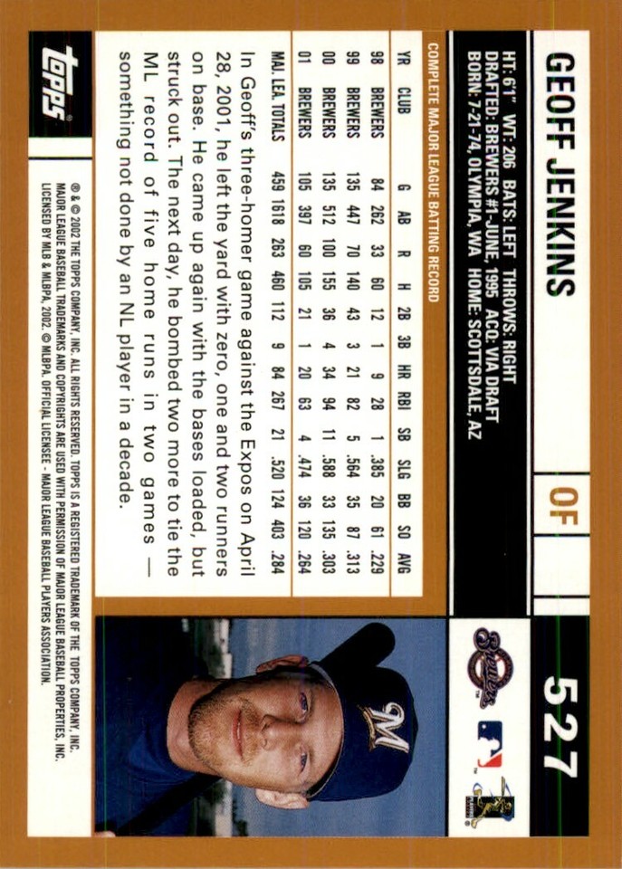 2002 Topps MLB Geoff Jenkins #527 | eBay
