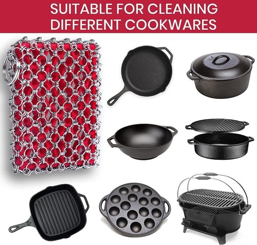 Cast Iron Skillet Easy Clean Chainmail Scrubber Silicone Insert Pan Pot ...