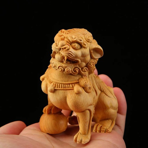 China Wood Carved Fengshui Animal Ball Pixiu Foo Fu Dog Lion Statue ...
