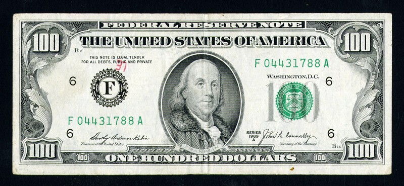1969A $100 BILL ATLANTA FEDERAL RESERVE BANK FUCHSIA TELLER STAMP EVEN ...