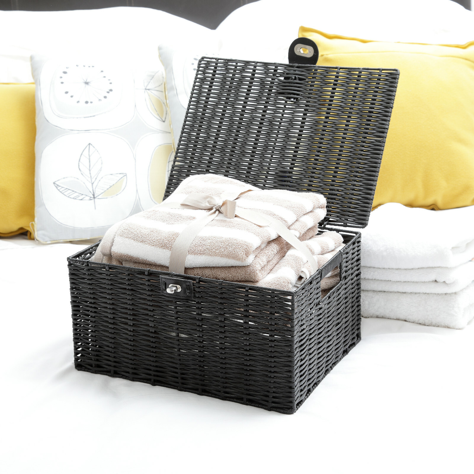 Arpan Hamper Storage Basket Black Large Resin Woven Box With Lid & Lock ...