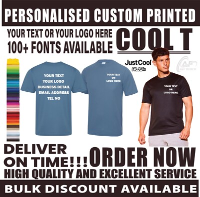 Personalised Custom Just Cool AWDis T-Shirt Text Logo Casual Gym Unisex ...