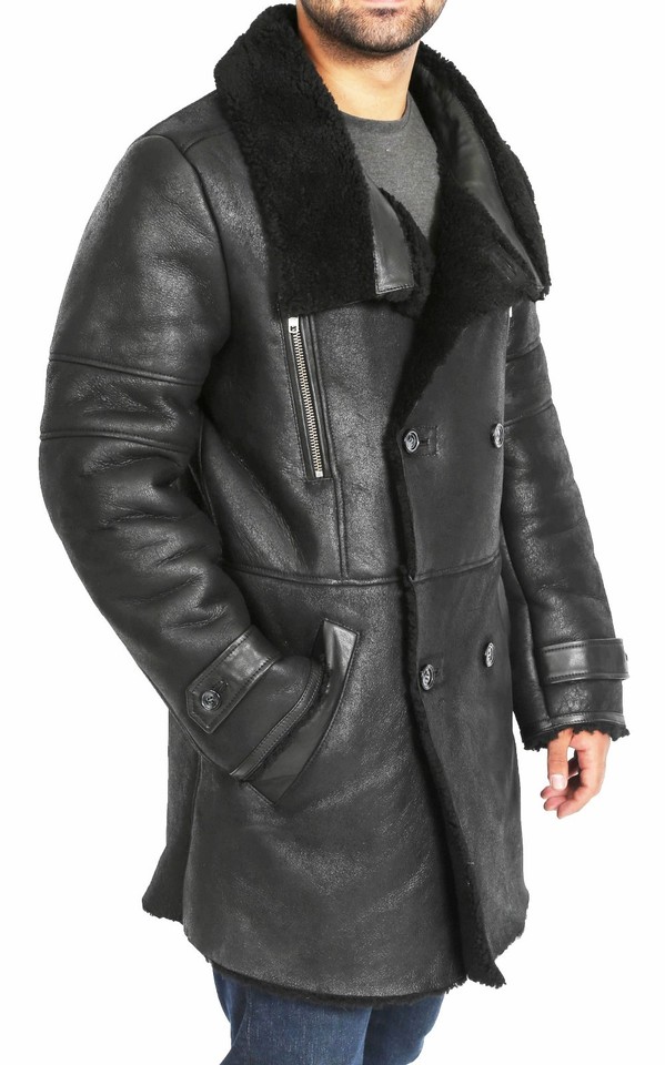 Mens Genuine Sheepskin Reefer Coat 3/4 Long Double Breasted Shearling ...