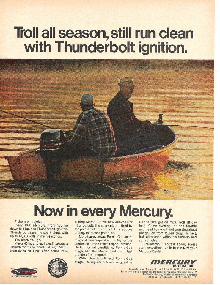 1970 MERCURY OUTBOARD BOAT MOTOR PRINT AD THUNDERBOLT IGNITION, TWO ...