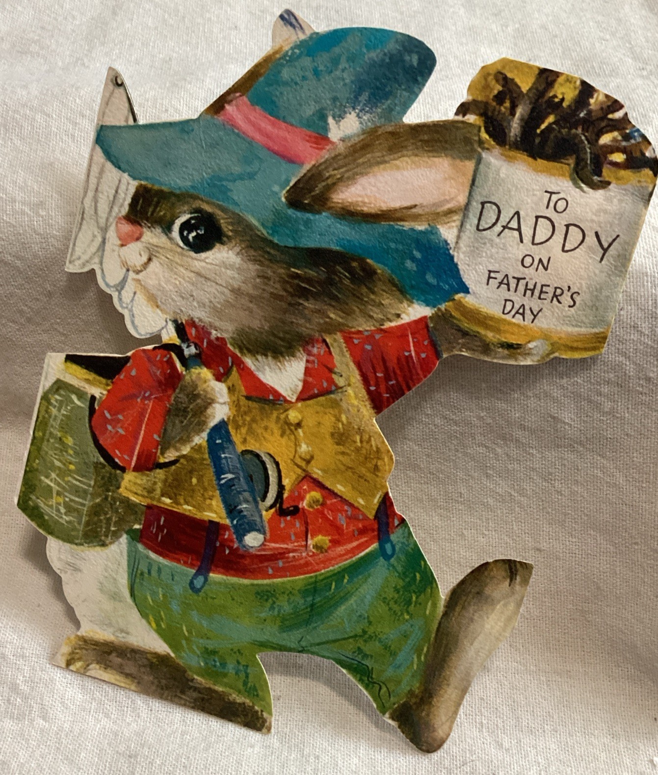Vintage hallmark Father’s Day greeting card fishing theme rabbit can of ...