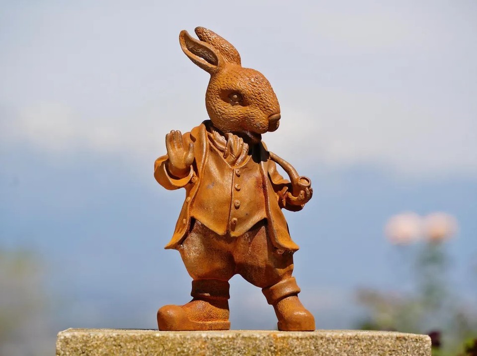 Vintage Cast Iron Bunny Statue Metal Garden Decor, Cottagecore Outdoor ...