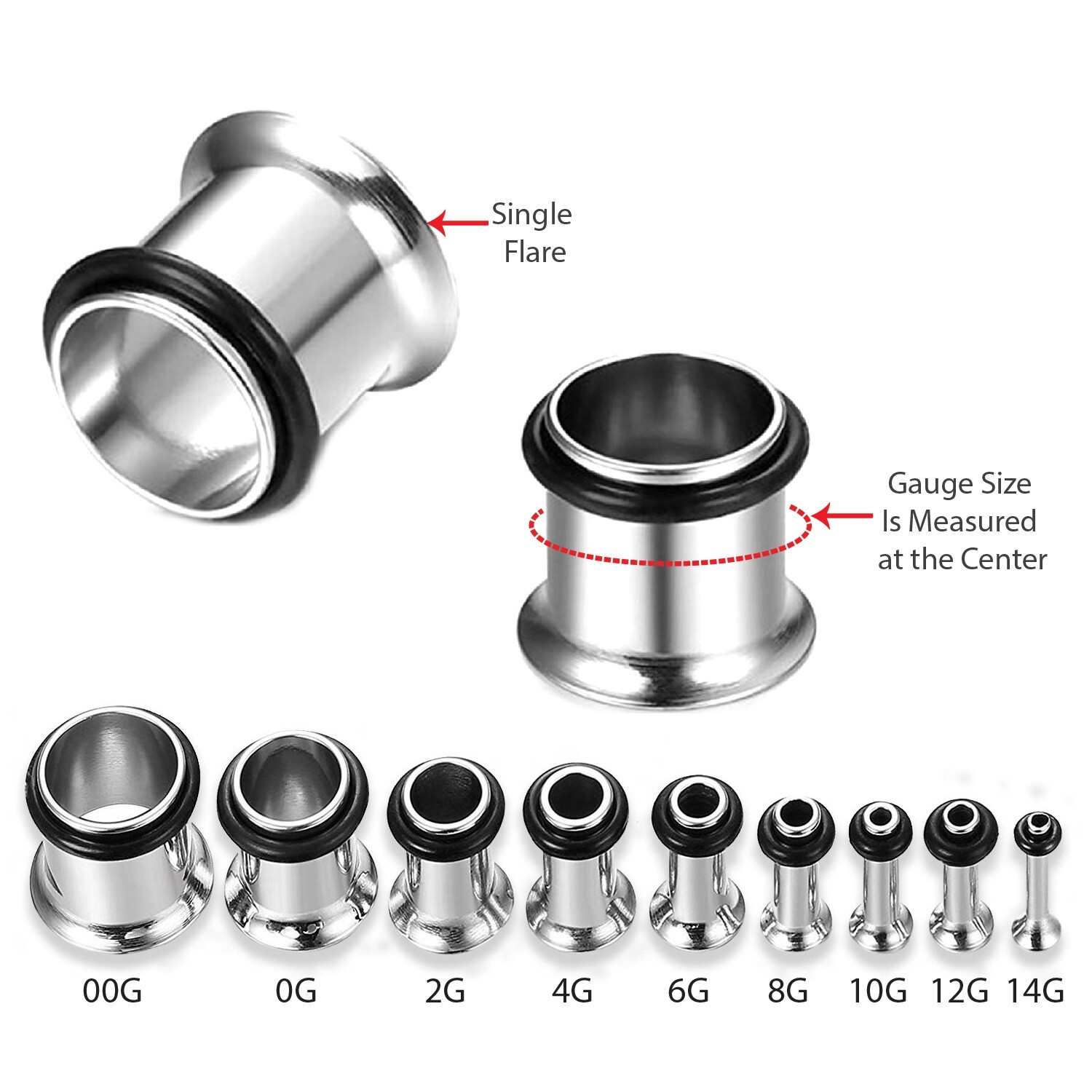 PAIR 12G to 1" Surgical Steel Single Flared Tunnel Ear Plug Big Gauges ...