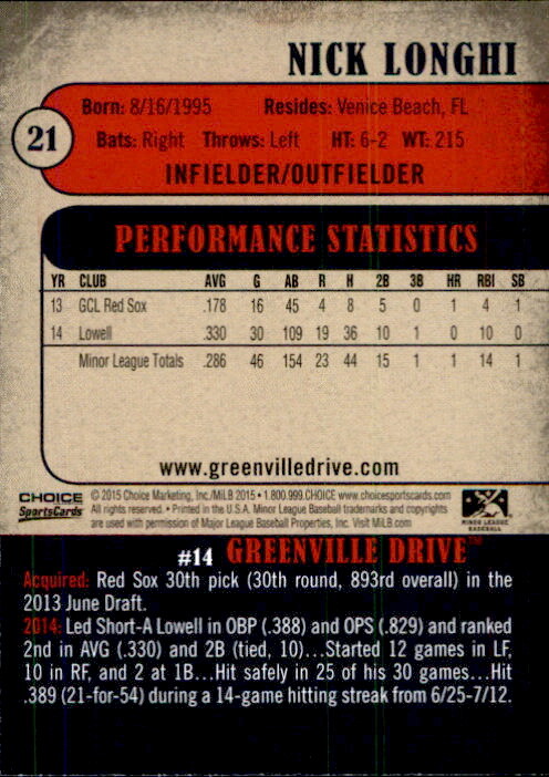 2015 Greenville Drive Choice #14 Nick Longhi Venice Beach Florida ...