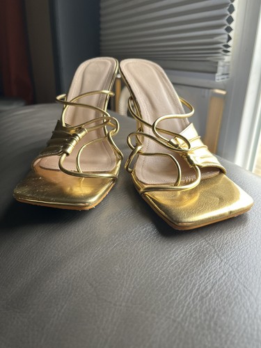 Gold Strappy Thong Toe High Heel Square Toe Mules Sandals Size 8 / 39 ...