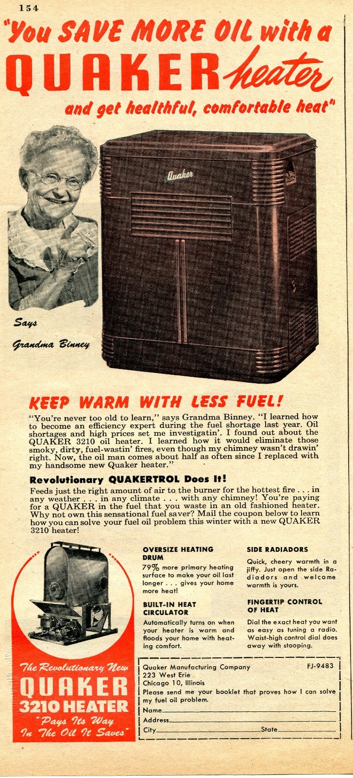 1948 Print Ad of Quaker Model 3210 Oil Heater with Grandma Binney | eBay