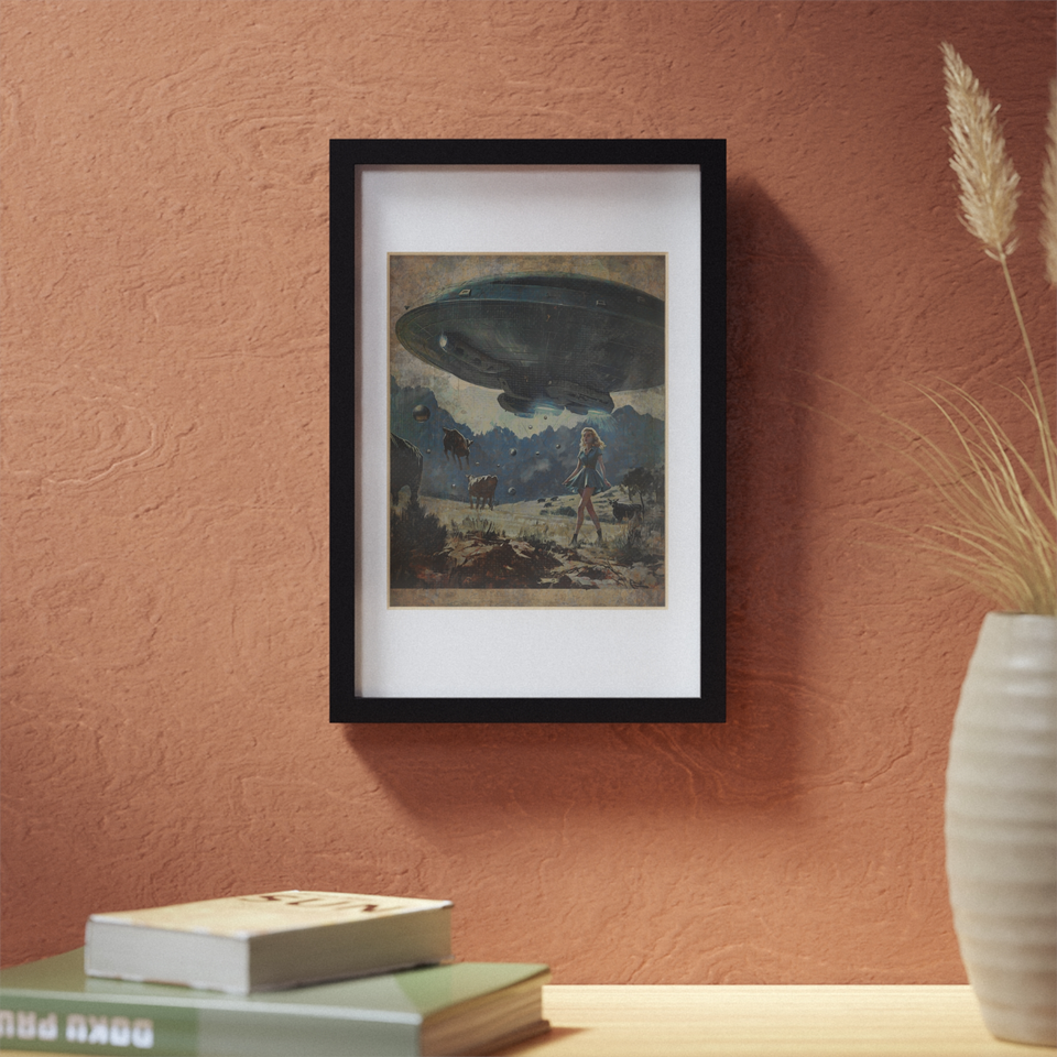 ALIEN UFO COW ABDUCTION Wall Art, UAP Sci-fi Farm Cattle Cryptid ...
