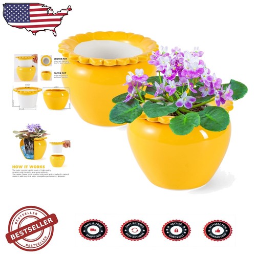 6.5-Inch Yellow Ceramic Lotus Flower Pots - Self-Watering Indoor Plant ...