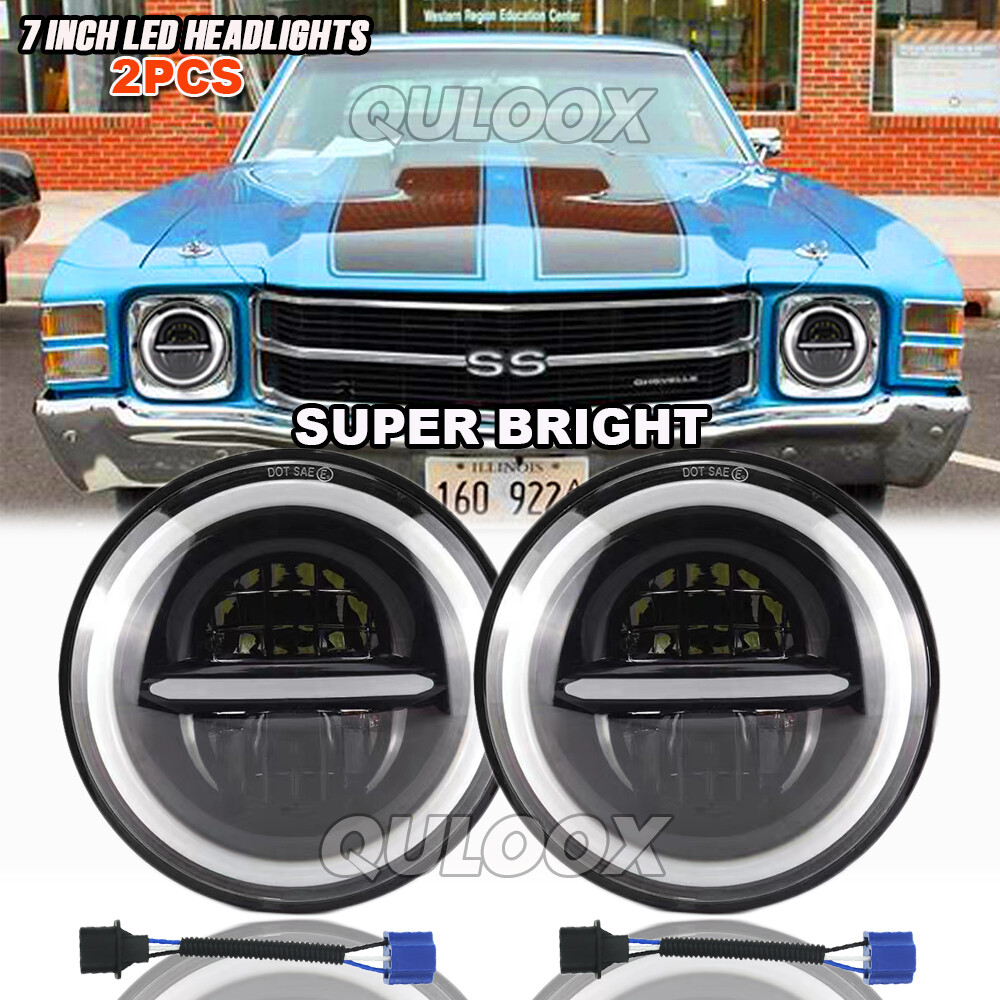 2pc 7"Inch Round White LED Headlights Hi/Lo Beam For Chevy Chevelle SS ...
