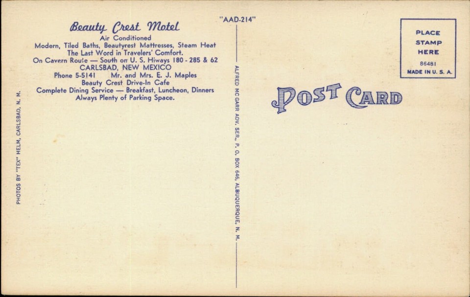 Beauty Crest Motel Carlsbad New Mexico vintage postcard s275 | eBay