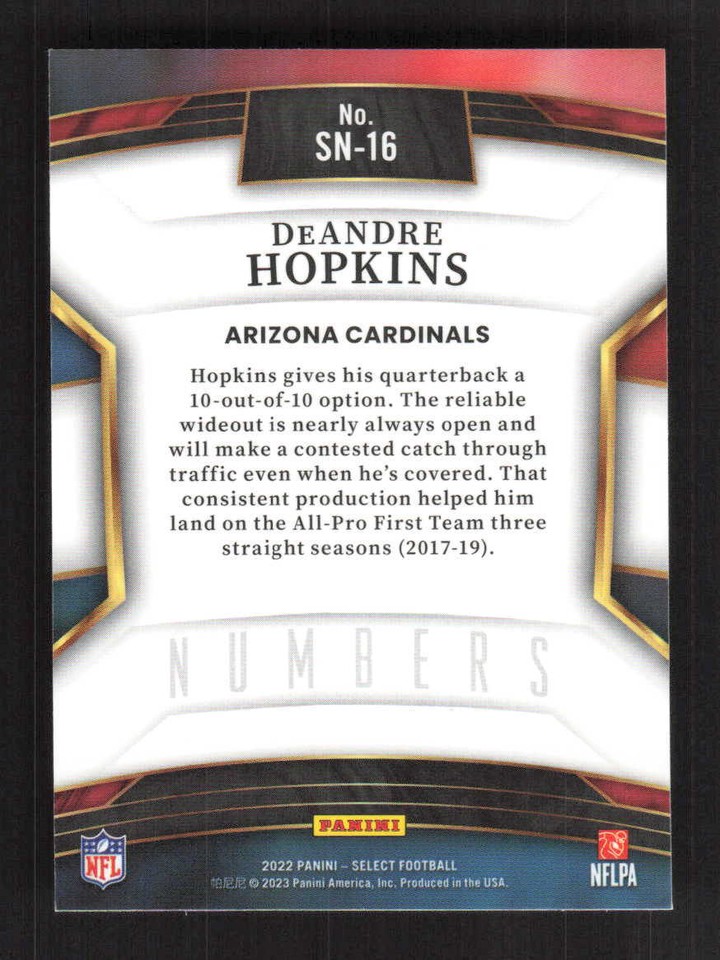 DeAndre Hopkins 2022 Panini Select Numbers Arizona Diamondbacks #SN-16 ...