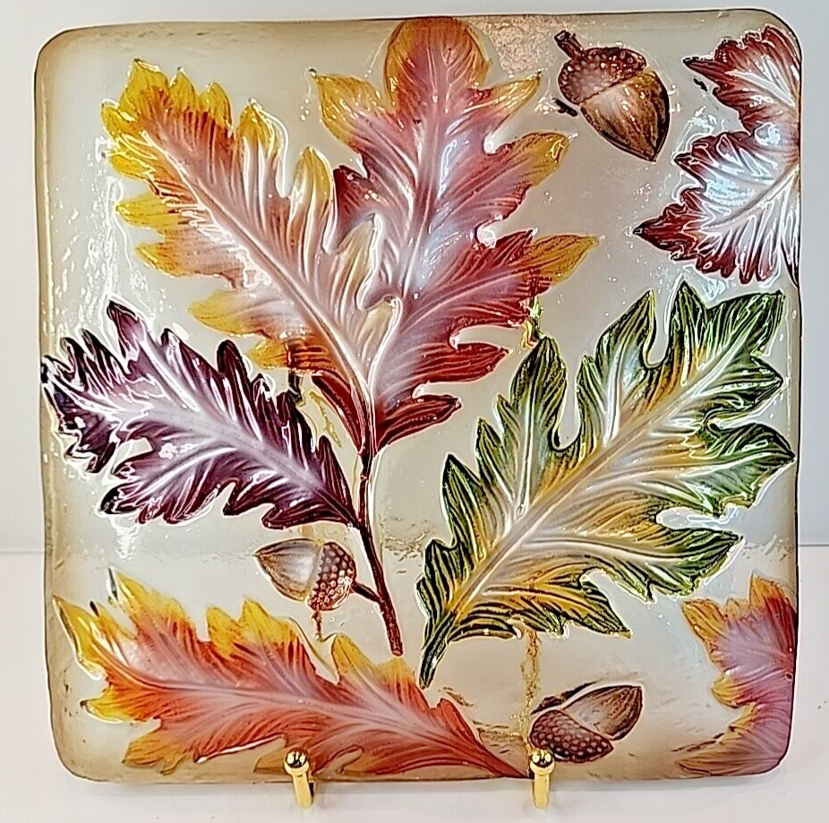 Reverse Painted Glass Plate Autumn Leaves Acorns Thanksgiving Fall 9.5 ...