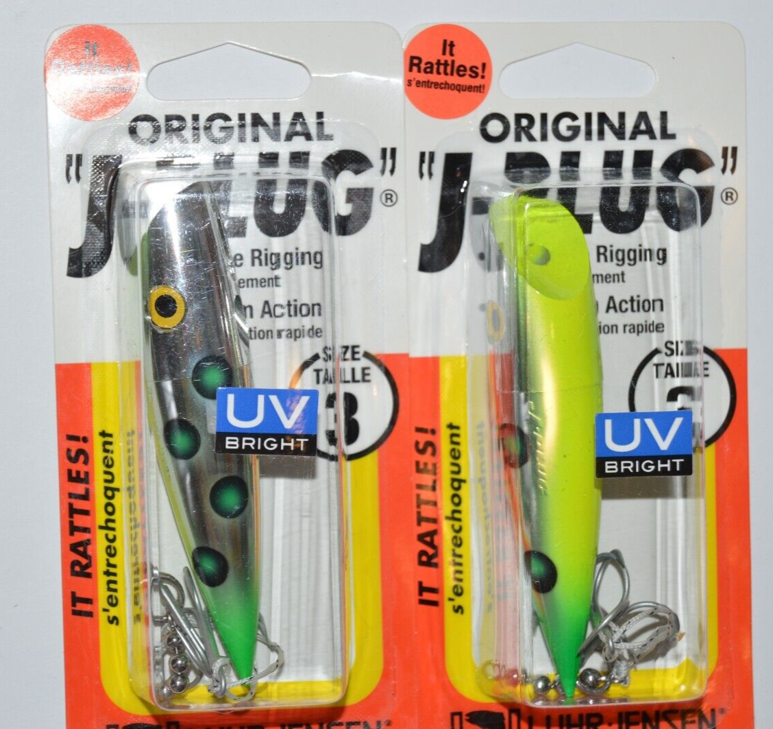 2 lures luhr jensen j-plug rattles size 3 UV bright flo chartreuse ...