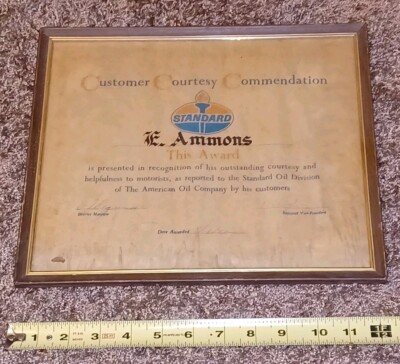 1972 Framed STANDARD OIL CUSTOMER COURTESY COMMENDATIONGAS STATION ...