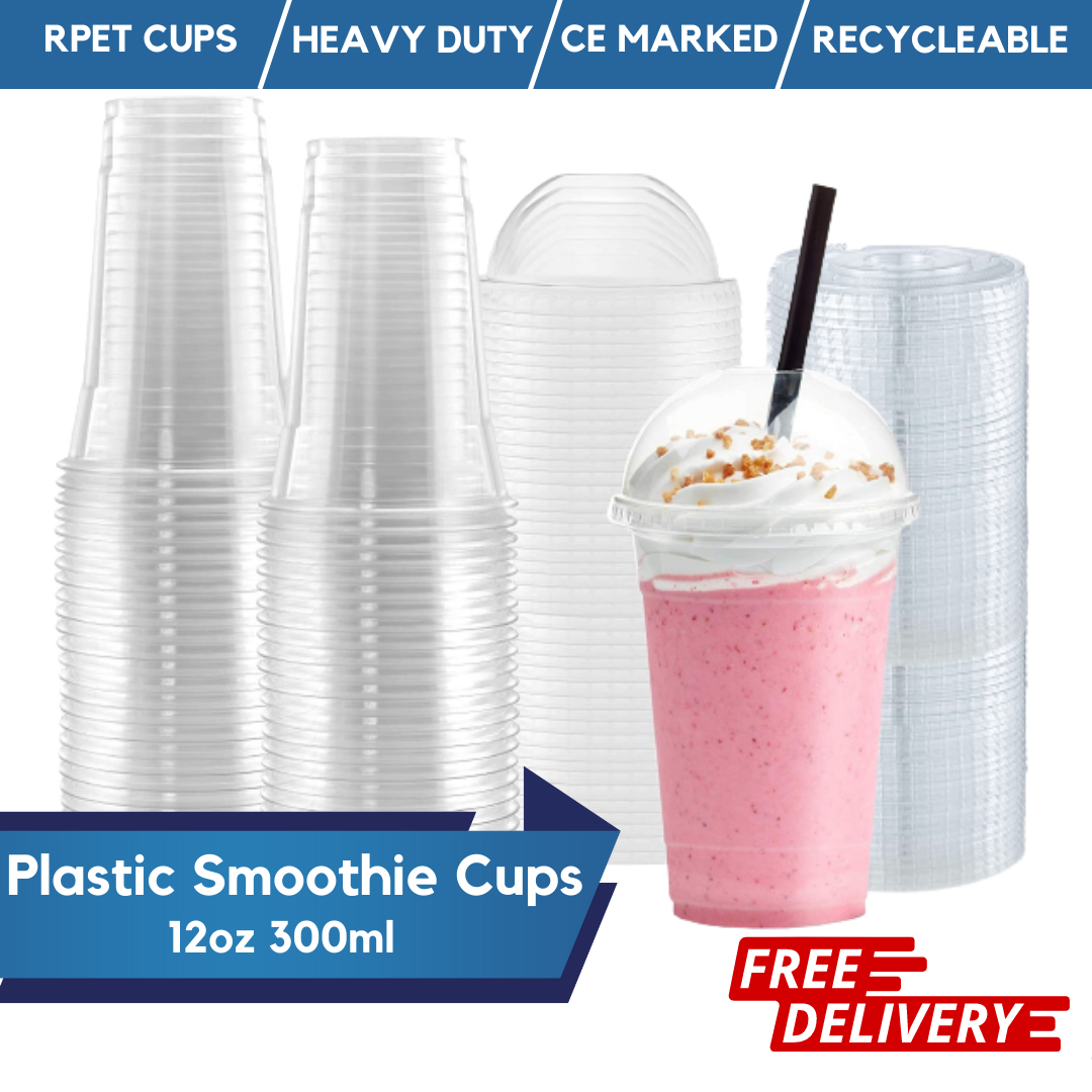 Disposable Plastic Smoothie Milkshake Cups + Lids 8oz 12oz 16oz 20oz ...