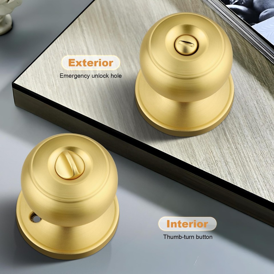 Brushed Brass Bed/Bath Knobs Keyless Privacy Interior Doors Locksets, Gold Do... | eBay