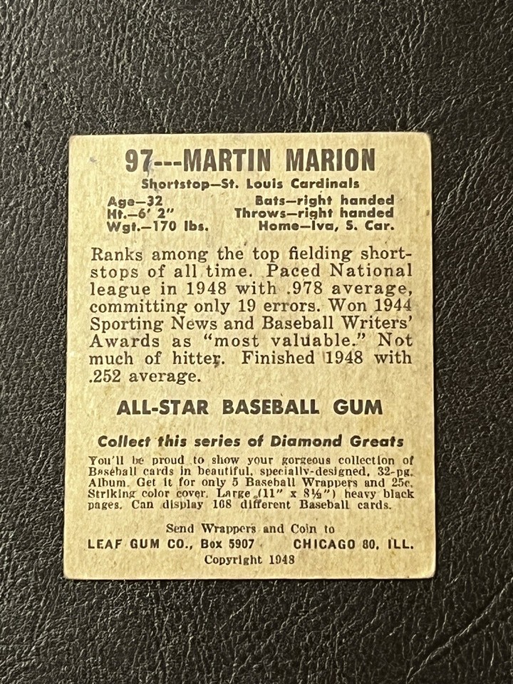 1948 Leaf #97 Martin Marion Rookie RC VG-EX St. Louis Cardinals | eBay