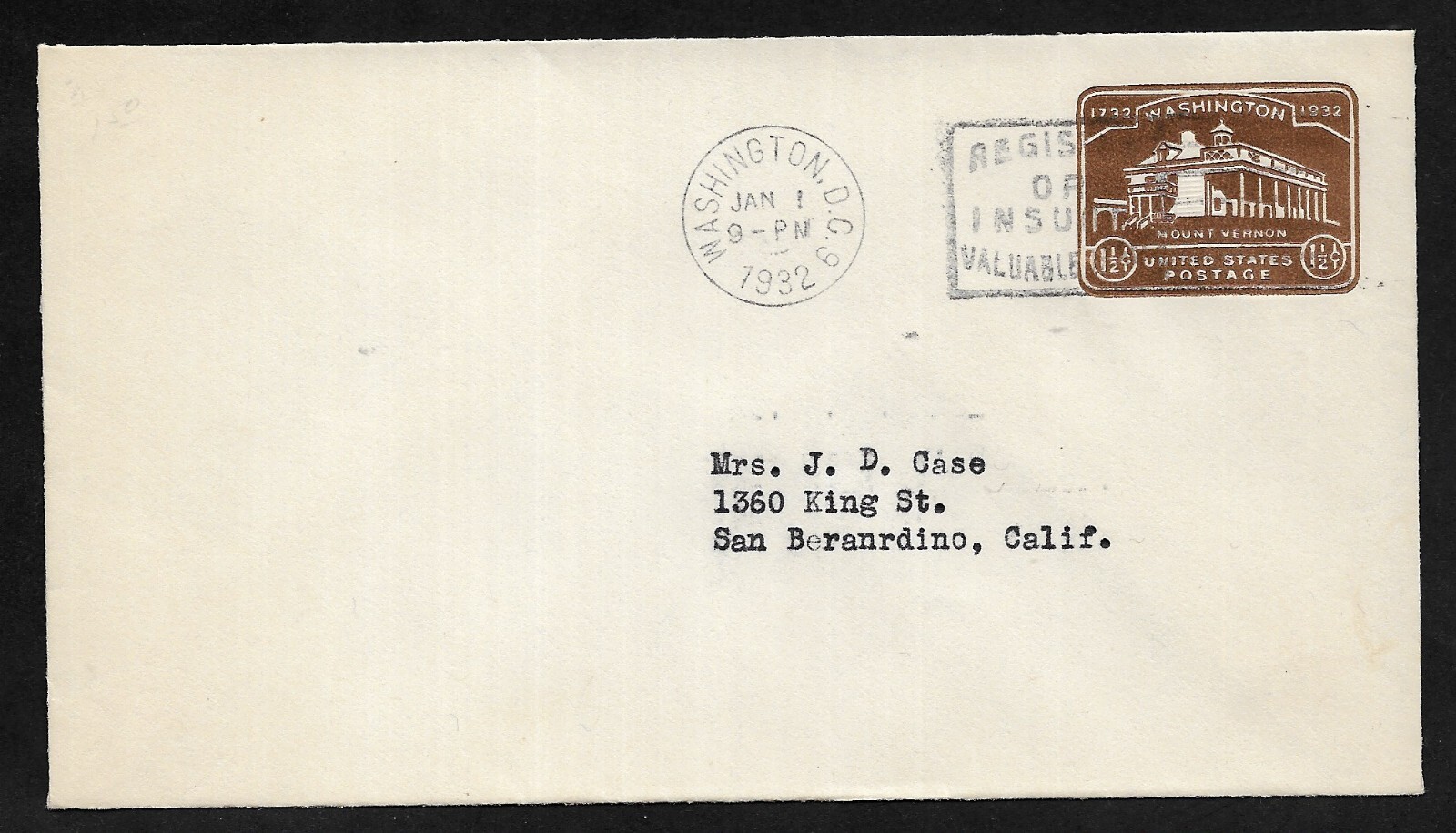 #U524 1.5c Mount Vernon Stamped Envelope - No Cachet FDC Slogan Cancel ...