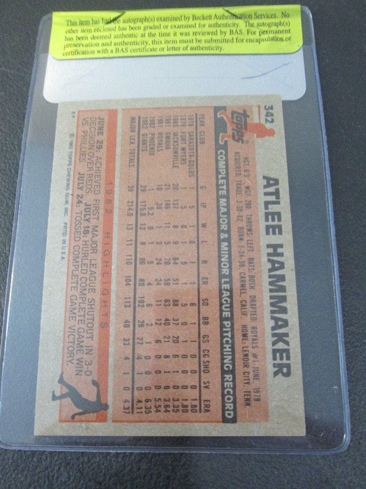 Atlee Hammaker 1983 Topps #342 Signed Autographed Giants Beckett BAS | eBay