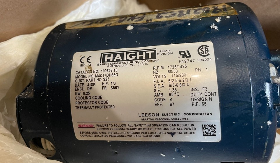 Haight PUMP MOTOR 100852.10 1/3hp PH1 115/230V M4C17DH66G S23 1725/1425 ...