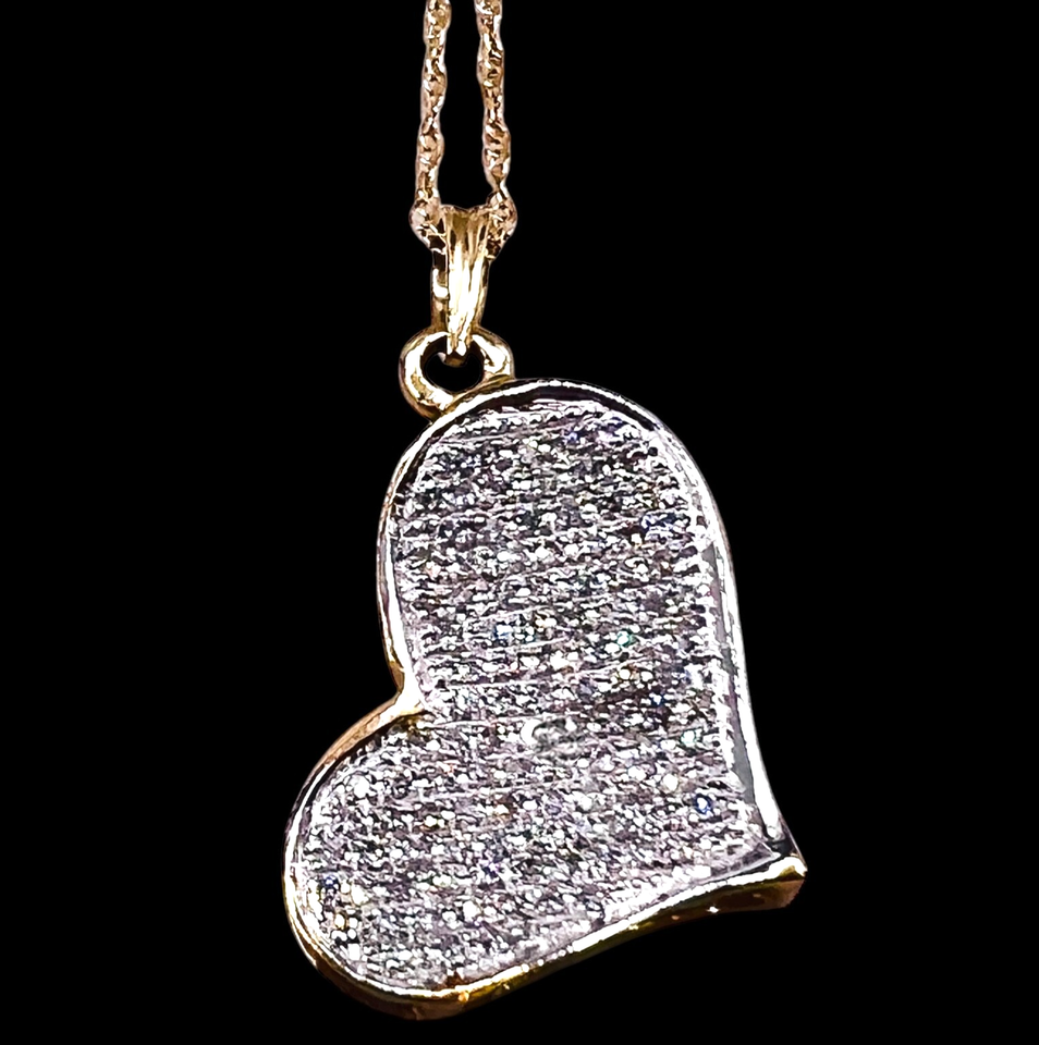10k White Yellow Gold Diamond Micro Pave Slanted Heart Necklace 18" | eBay