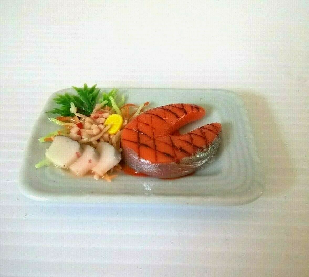 Set Steak Salmon Fish Dinner Food Dollhouse Miniatures Ceramic ...