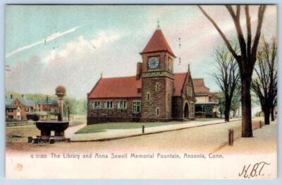 1907 ROTOGRAPH ANSONIA CT LIBRARY & ANNA SEWELL MEMORIAL FOUNTAIN ...