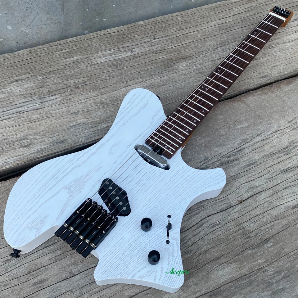 Acepro Upgraded Headless White Electric Guitar 2 Single Jumbo Stainless ...