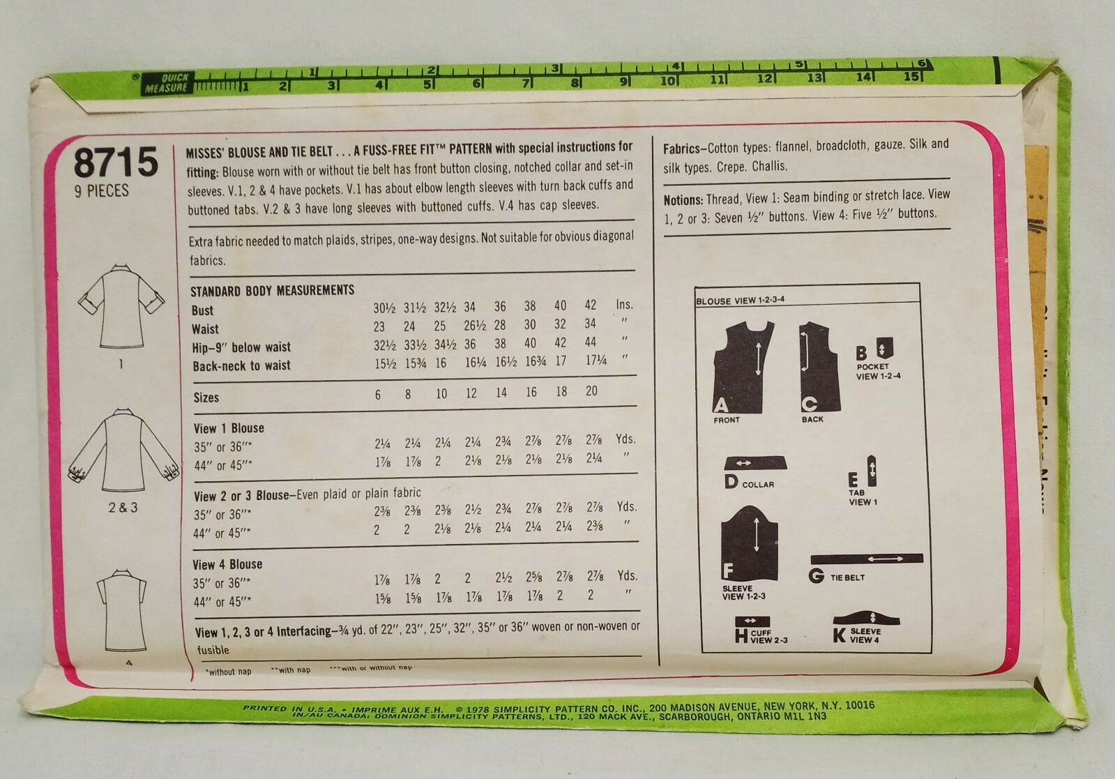 Misses' Blouse and Tie Belt Size 8 Simplicity 8715 Uncut 1978 Fuss Free ...